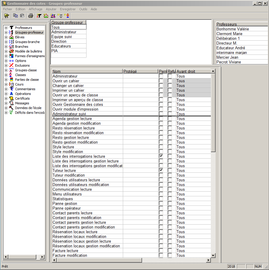 Ci-dessous, les droits typiques pour le groupe 'Tous'.